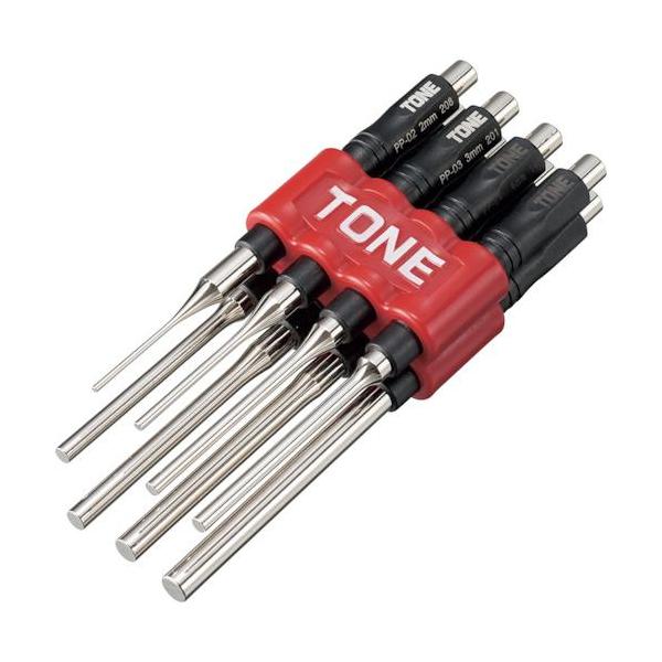 《メーカー》ＴＯＮＥ（株）《品番》PP800P《特長》●手に馴染む樹脂グリップ付です。《用途》●テーパーピンやスプリングピンの抜き差しに。《仕様》●セット内容(mm):2.0、3.0、4.0、4.5、05、06、07、08●セット内容(本)...