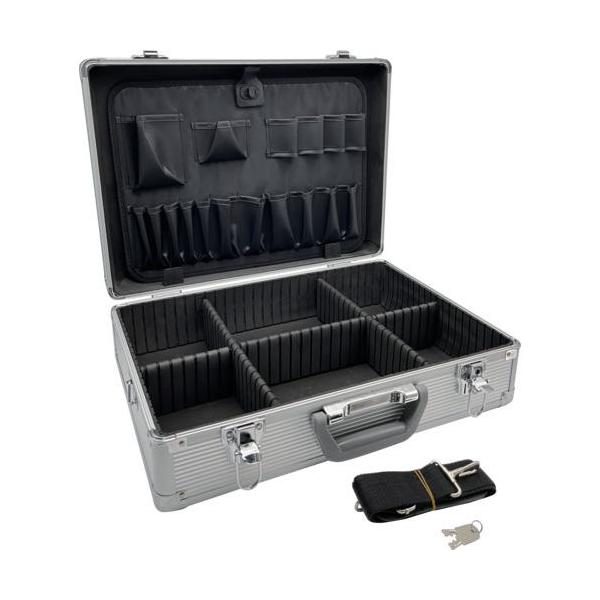 《メーカー》トラスコ中山（株）《品番》TAC-15《特長》●防キズエポキシ粉体塗装を施しています。●内装がウレタン製スポンジなので、ケースの内側は傷が付きにくく、収納物を衝撃から保護します。●バックル部分をロックできるカギ付です。●仕切は取...