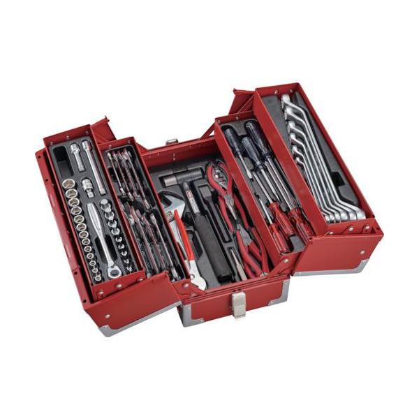 《メーカー》ＴＯＮＥ（株）《品番》TSB330《特長》●インチサイズのセットです。●天面フラットV形3段式メタルケース、全段プラスチックトレー付きです。《用途》●メンテナンス用。《仕様》●ケース色:レッド●ケース寸法(mm)間口:433●ケ...