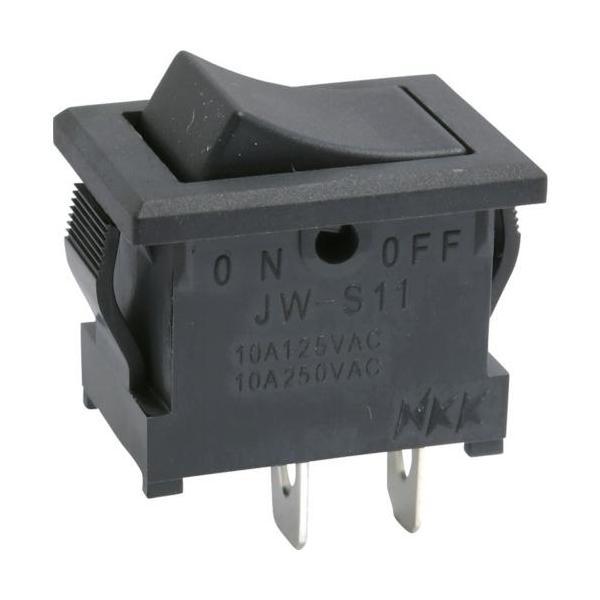 《メーカー》ＮＫＫスイッチズ（株）《品番》JW-S11RKK《特長》●ON-OFFタイプの小型ロッカスイッチです。《用途》●ＯＡ機器・照明機器用電源など。《仕様》●回路数:単極単投(2P)●機能動作:ONーOFF●取付パネル厚(mm):0....