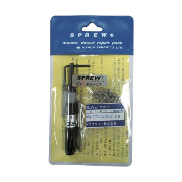 《メーカー》日本スプリュー（株）《品番》REPAIR-M407《特長》●スプリュー用タップ＃２、小型ＩＮＰ挿入工具、または簡易型挿入工具、スプリュー１．５ＤＮＳがパックになっています。《用途》●破損しためねじの修復。《仕様》●先端:M4×0...
