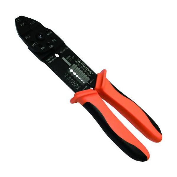 《メーカー》フジ矢（株）《品番》FA103《特長》●ファストン端子の圧着、被覆線のストリップ作業、電線の切断がこれ一本で可能です。●小ねじ、ボルトの切断も可能です。●刃部を研磨仕上げしており、抜群の切れ味です。●グリップ部に独自の二重成型を...