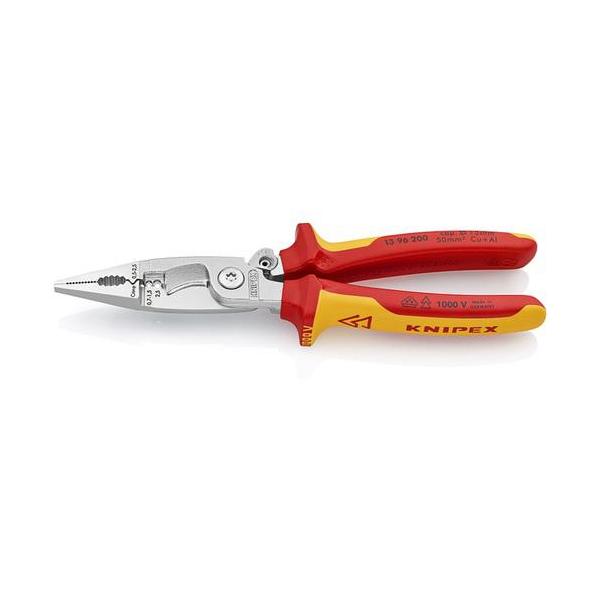 《メーカー》ＫＮＩＰＥＸ社《品番》1396-200《特長》●電気工事用マルチファンクションプライヤーです。●1本で6つの機能が利用できます。（つかみ、曲げ、バリ取り、切断、ストリップ、圧着）●絶縁1000Vハンドルタイプ●ばね内蔵でロッキン...