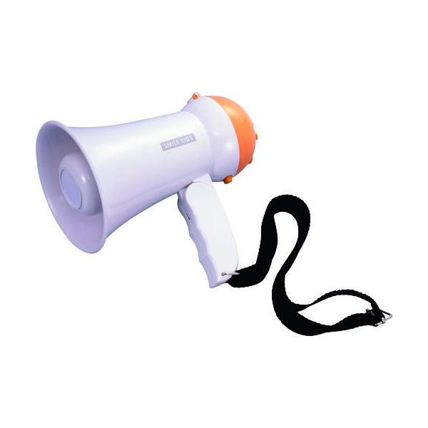 《メーカー》スマイルキッズ（株）《品番》AHM-103《特長》●携帯も可能なサイズの小型メガホンです。●持ち運びにも便利です。《用途》●イベント用に。《仕様》●内蔵音:サイレン(98dB/5m)●口径(mm):97●全長(mm):155●電...