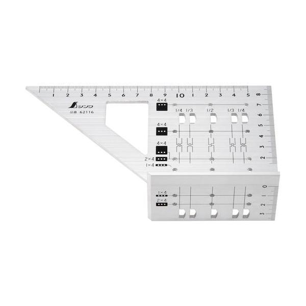 《メーカー》シンワ測定（株）《品番》62116《特長》●2×4材の巾や厚みに合わせたサイズで、簡単にケガキ作業ができます。●45°と90°を同時に確認でき、ケガくことができます。●2×4材の短辺89mmに対して、1/2、1/3、1/4を簡単...