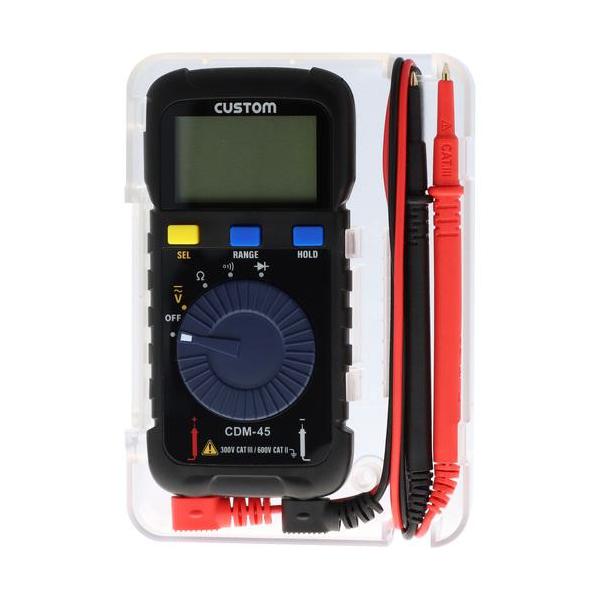 《メーカー》（株）カスタム《品番》CDM-45《特長》●コンパクトスリムなボディーに電圧(直流、交流)、抵抗、導通チェック機能(ブザー、LED)、ダイオードチェック機能を持たせたデジタルマルチメーターです。《用途》●工場現場での電流電圧等の...