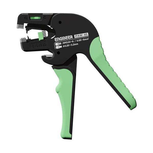 《メーカー》（株）エンジニア《品番》PAW-45《特長》●幅広いサイズの電線をワンアクションでストリップできるオートワイヤーストリッパー。●高精度のV字刃で、確実かつ綺麗にストリップできます。●自動調整機能でワイヤーサイズを気にすることなく...