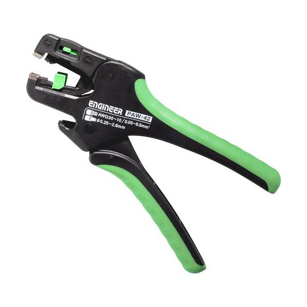 《メーカー》（株）エンジニア《品番》PAW-42《特長》●より線から単線までAWG30〜10の幅広い電線サイズに対応します。●高精度フラット刃で幅7mmまでのフラットケーブルやリボンケーブルにも対応します。●ストリップ長さを5〜18mmに調...