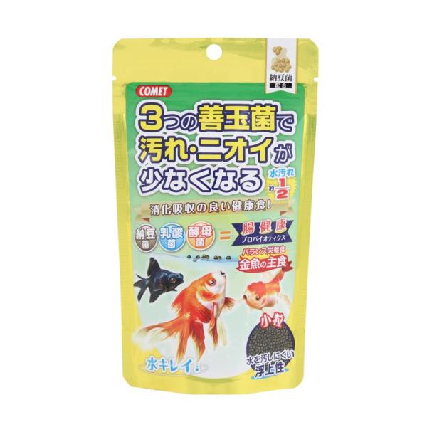 3つの善玉菌の力で臭い汚れが少なくなる、金魚のバランス栄養食小粒。納豆菌に加え、新たに乳酸菌と酵母菌を配合。この3つの善玉菌の力で金魚の腸内細菌のバランスを整え、水の汚れや嫌なニオイを減らします。健康に育つビタミン配合のバランスフードで、小...