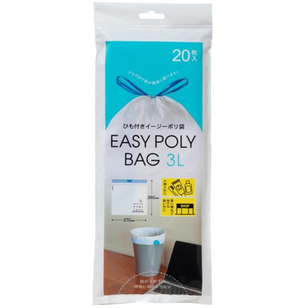 ・ひもがついたポリ袋。袋が簡単に結べます。・結び目のロスが少ないため容量いっぱいに使用できます。・ちょっとおしゃれな印刷付き。【3L用：デスク周りの小さなゴミ箱用のゴミ袋として。小物入れとして。】【表示成分】ポリエチレン【原産国】タイ