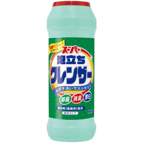 ガンコ汚れをしっかり落とす粉末クレンザーに漂白剤が入ってパワーアップ！お台所から浴室まで幅広い用途に使え、液体洗剤では落ちない汚れにキズつきにくくツヤよく磨けます。【表示成分】研磨材(93%)、界面活性剤(4%、直鎖アルキルベンゼンスルホン...