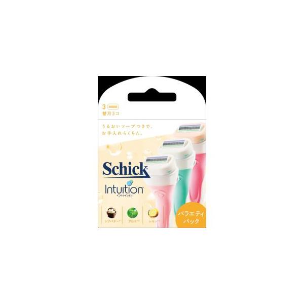 はじめてでも安心。ボディソープなしで剃れる。天然由来成分配合のモイスチャーソープ付き刃。セーフティーワイヤー付き4枚刃。しっとり肌、敏感肌用、さっぱりうるおい肌の替刃3コ入バラエティパック。【原産国】中華人民共和国