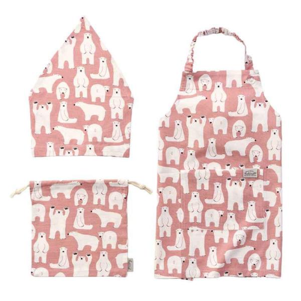 幼稚園〜小学校中学年（身長100〜130cm）のお子様向けのエプロン・バンダナ・巾着の3点セットです。可愛らしい白くまの総柄デザインです。良質なインド綿でしっかりと織られた生地なので丈夫です。持ち運びに便利な巾着付きで家庭科の授業にもおすす...