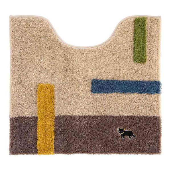 「ミニョン」シリーズのトイレマット55×60cmです。ねこのワンポイント刺繍と、カラフルなボーダーを入れた幾何柄のデザインです。裏面にはすべり止め加工が施されているので、安心してお使いいただけます。ネットに入れて洗濯機で丸洗いできるので、お...