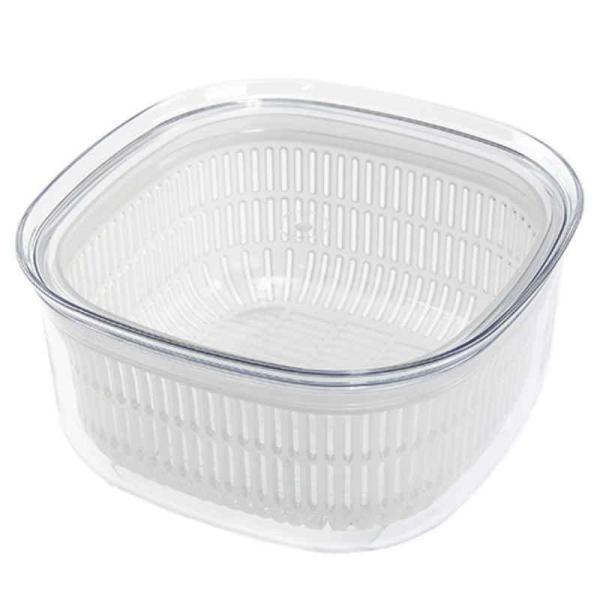 野菜や果物を洗って水を切りそのまま保存もできる、フタ付きのざる・ボウルです。冷蔵庫からサッと必要な時に必要なだけ野菜を使えます。保存中もしっかり水切りしてるので、野菜の鮮度を保てます。ざるには脚がついているので、保存中に水分が野菜について傷...