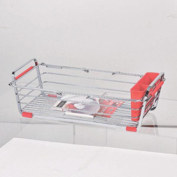 ●スライドしてシンクにぴったり使えます。●防サビ加工付き●製品サイズ（約）／245×415〜570×135mm●製品重量（約）／1100g●材質／本体：鉄（クロムめっき+クリアエポキシ樹脂塗装） トレー・水切りポケット：ポリプロピレン（10...
