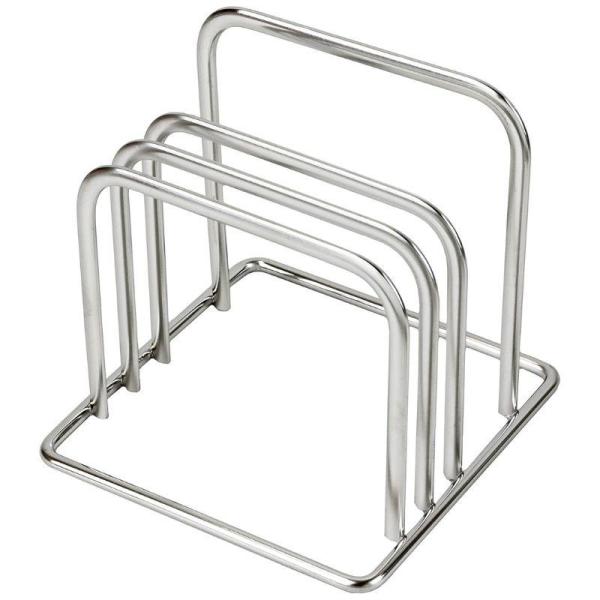 厚さ約30mm以下のまな板1枚と厚さ10mm以下のまな板2枚をまとめて立てて置ける製品サイズ（約）：125×130×120mm製品重量（約）：216g材質：本体：ステンレス鋼 すべり止め：シリコーンゴム原産国：中国