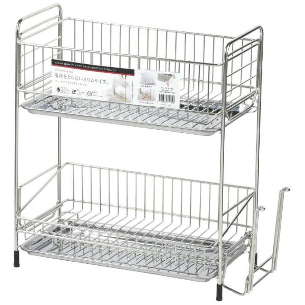 ステンレス製の水切りラックで、2段構造のスリムタイプキッチンでの使用に適しており、食器や調理器具を効率的に乾かすことができます。製品サイズ（約）：まな板おき含まず355×200×405mm製品重量（約）：1965g材質：本体・トレー・まな板...