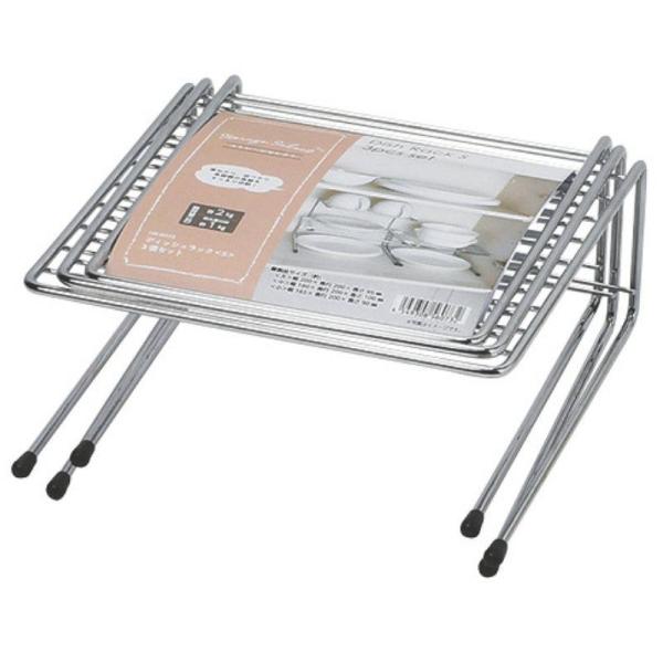 3個セットで販売されており、食器や皿を整理するためのラックです。製品サイズ（約）：大：200×200×95mm、中：180×200×100mm、小：165×200×90mm製品重量（約）：大：235、中：233g、小：218g材質：本体：鉄...