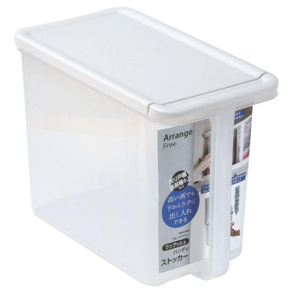 ワンプッシュでふたが開く、便利なハンディストッカーですふた付きなので、中身にほこりがつかずお手入れも簡単収納物がひと目でわかるクリアタイプハンドル付きなので、吊り戸棚や食器棚の上からも取り出しやすい安心の日本製製品サイズ（約）：170×31...