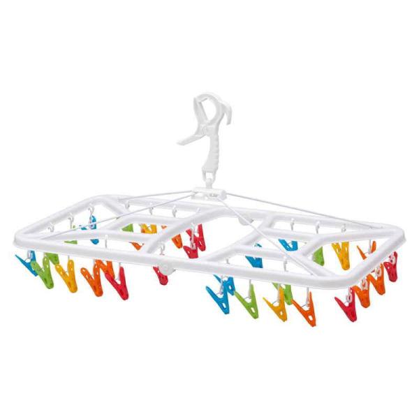 カラフルでかわいい32ピンチの角ハンガーです。キャッチフックハンガーで、物干し竿をしっかりつかみます。丈夫でからみにくいワイヤーで、取り込みもラクラクです。【仕様】商品サイズ：約幅63.2×奥行34.5×高さ34（cm） 収納時：約幅32....