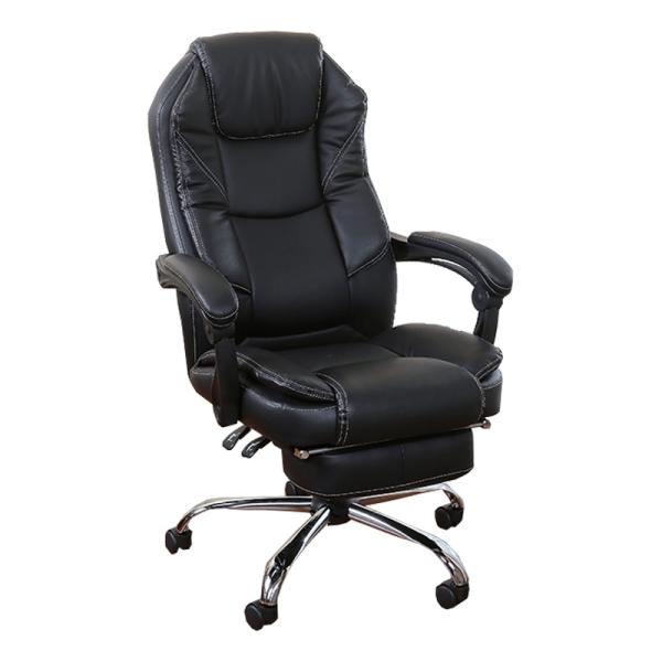 ■製品特徴・レザー調で雰囲気のあるオフィスチェア。・合成皮革なので、汚れに強くお手入れも簡単。・フットレスト付きなので好きな時に足を伸ばしてゆったりとくつろぐことも可能。・背もたれは湾曲しており、体にフィット。・リクライニング、高さ調節で自...