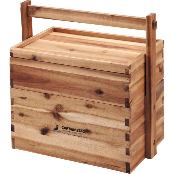 キャンプ用品など、2段に分けて収納可能製品サイズ（約）：400×230×400mm製品重量（約）：3500g材質：天然木(表面加工：オイルステイン）仕様：箱内寸：上段：335×205×高さ80mm・下段：335×205×高さ170mm、耐荷...