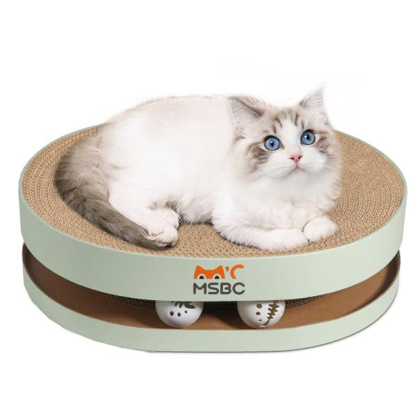 猫の寝姿に寄り添った楕円型の爪とぎです。触ると鈴が鳴って楽しいボール入りで、思いっきり遊ぶことができます。研ぎクズが飛び散りにくく長期間使用可能です。インテリアに馴染むおしゃれな淡いグリーン色です。【仕様】商品サイズ：約幅43×奥行33×高...