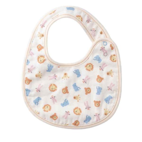 赤ちゃんにやさしい綿100％＆日本製のよだれかけです。かわいいアニマル柄です。横でパチンと止められるスナップボタン式です。贈り物にもおすすめです。【仕様】商品サイズ：約幅21×高さ25（cm）材質：綿100%生産国：日本製セット内容：1枚
