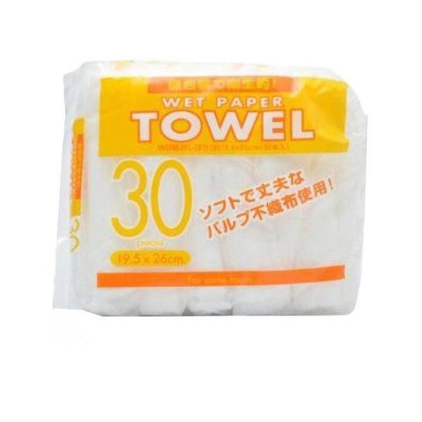 個包装で衛生的な使いやすい紙おしぼりです。ソフトで丈夫なパルプ不織布を使用しています。【仕様】商品サイズ：約横26×縦19.5（cm）材質：パルプ不織布セット内容：30個入備考：お買い上げ後なるべく早めにご使用ください