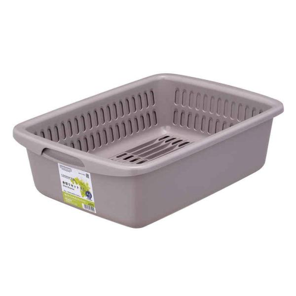 水切りセット Lサイズです。底面のくぼみによってお皿が固定され、乾きやすいです。抗菌加工が施されているので、菌の繁殖を抑え衛生的にお使いいただけます。【仕様】商品サイズ：約幅33×奥行45×高さ14（cm） 重量：約1.014kg材質：ポリ...