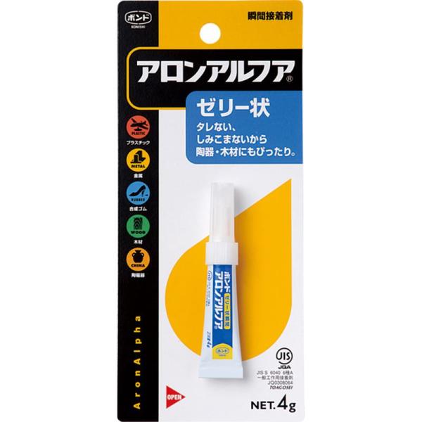 ゼリー状・タレない・用途広い・しみ込まない多少のスキ間や凹凸面、しみ込みやすい木材や陶器にも使える・金属・プラ模型の製作・電化製品・機械類の組立と補修【材質】シアノアクリレート系