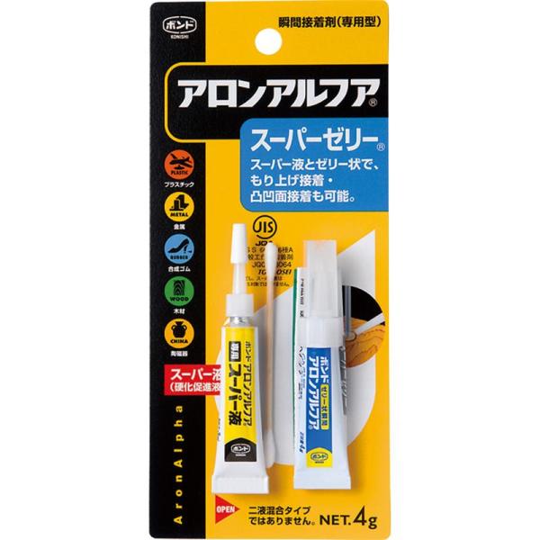 ゼリー状・タレない・しみ込まない 用途広い・充てんOK・ハイスピード接着・スーパー液付 スーパー液とゼリー状で、もり上げ接着・凸凹面接着も可能小物細工・装飾品や模型の製作・家具・建具のはがれ・カケ割れ補修【材質】シアノアクリレート系