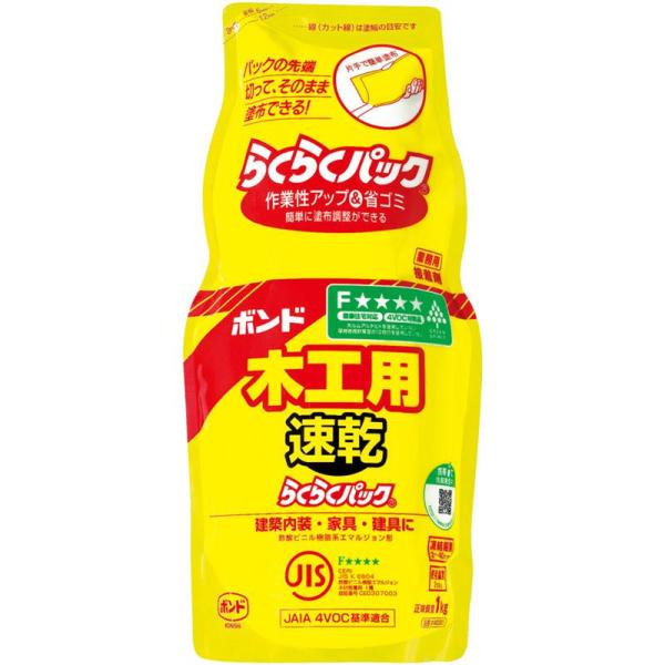 健康住宅対応・水性・速乾・ヘラ不要・容器廃棄容易・乾燥後ほぼ透明 乾燥後切削可・ホルムアルデヒド・フタル酸系可塑剤を使用していない乾燥時間が「ボンド 木工用」の約半分・学校や工作教室などグループでの 木工作業・日曜大工・建築内装木工事・木製...