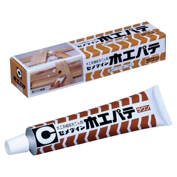 セメダイン・木部補修用パテです。・木工用補修充てん材。・釘穴・節穴・あてキズ、柱の割れなどの充填補修や各種木材の下地調整に使用できます。・硬化後は、サンディング・切削加工・塗装ができます。『製品仕様』●内容量：７０ｇ。●色：ラワン。『材質』...
