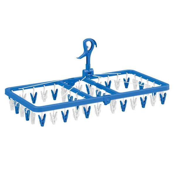 角型形状で洗濯物がまとめてたくさん干せる、ピンチ42個付き角ハンガーです。ジョイント部両脇の反りを抑えるため中心を壁で補強した構造の、軽くて扱いやすいフレームです。物干し竿や洗濯ロープにしっかり固定できるキャッチ式で、直径38mmのふとん干...