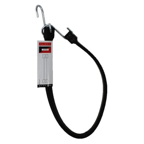 フックが大きく、対象物に引掛け易い。ゴムの弾性を利用し物を留める。【サイズ】長さ(mm):533(フックを除く) 幅(mm):17 厚み(mm):6.7【材質】本体材質/合成ゴム(EPDM)、フック材質/鉄線ユニクロメッキ【仕様・タイプ】フ...