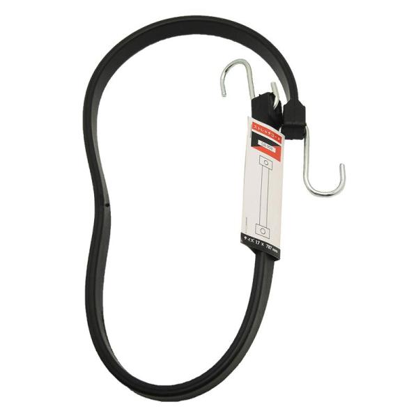 フックが大きく、対象物に引掛け易い。ゴムの弾性を利用し物を留める。【サイズ】長さ(mm):787(フックを除く) 幅(mm):17 厚み(mm):6.7【材質】本体材質/合成ゴム(EPDM)、フック材質/鉄線ユニクロメッキ【仕様・タイプ】フ...