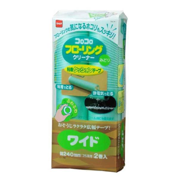 広幅テープで天井、網戸などのホコリをキャッチします。クッション粘着テープが食べこぼしなどの固形物も包みこむようにくっつけて取ります。【仕様】商品サイズ：約 幅24cm×25周巻材質：クッション性粘着加工PE生産国：日本製セット内容：2巻入