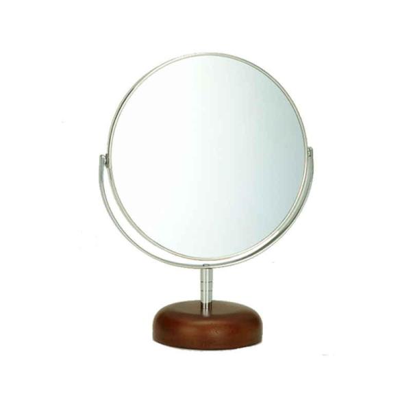 天然木の無垢材を使ったシンプルなデザインの両面スタンドミラーです。ウッドの落ち着いた質感の台座は、インテリアにも自然に溶け込みます。裏面は2倍率の拡大鏡です。【仕様】商品サイズ：約幅16×奥行8×高さ21.5（cm） ミラー：直径14.5（...