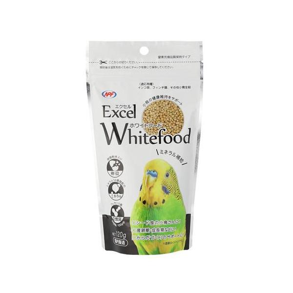 エクセルホワイトフード規格:120g親鳥の産卵期、ヒナ鳥の成長期などに！カルシウムが豊富な卵殻粉末入り！ミネラル14種類配合。腸内環境を整える乳酸菌(フェカリス菌)プラス！原材料:小麦粉、脱脂大豆、米糠、粟粉末、卵殻粉末、ブドウ糖、植物性油...