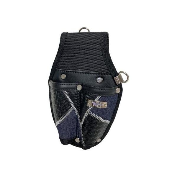 質感の異なる生地を組み合わせ、光沢のある美しくカッコイイ工具ホルダーです。2丁差し/貫通型金属部/スチール・主生地/ナイロン・テーピング、表面生地/合成皮革・表面生地紺色部分:デニム生地(綿とポリエステルの混合綿)