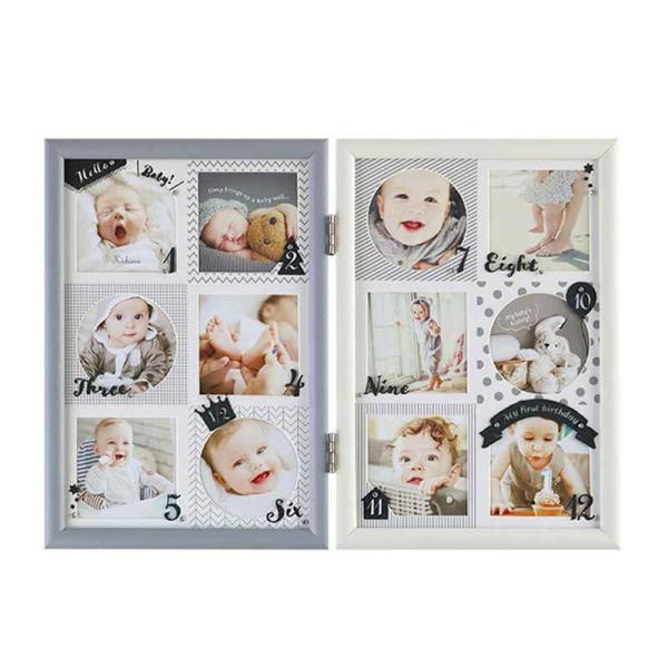 毎月写真を飾れる12ヶ月分のベビーフォトフレームです。モノトーンでオシャレなデザインです。スクエアサイズをカットせずに重ね合わせて12枚入れられます。コンパクトに畳めるので収納性抜群です。表面にはクリスタルラインストーンがついています。卓上...