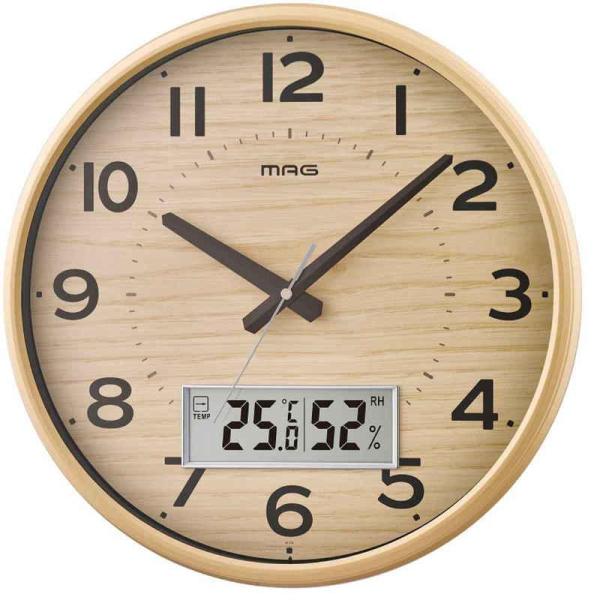 お部屋の環境管理に便利にお使いいただける温湿度表示付きです。デジタル表示で、お部屋の環境をひと目でチェックできます。温かみを感じる木目調はインテリアにあわせやすく、設置する場所を選びません。秒単位までわかりやすいステップ秒針です。単3形乾電...