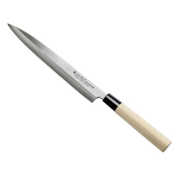 本格刺身包丁24cmです。左利きの方々にも配慮して設計された和包丁で、右利き用、左利き用がございます。繊維を傷付けない口当たりの良さは、刺身包丁でしか出すことができません。持った感触が柔らかく、使えば使うほど手に馴染んでくる本格仕上げの白木...