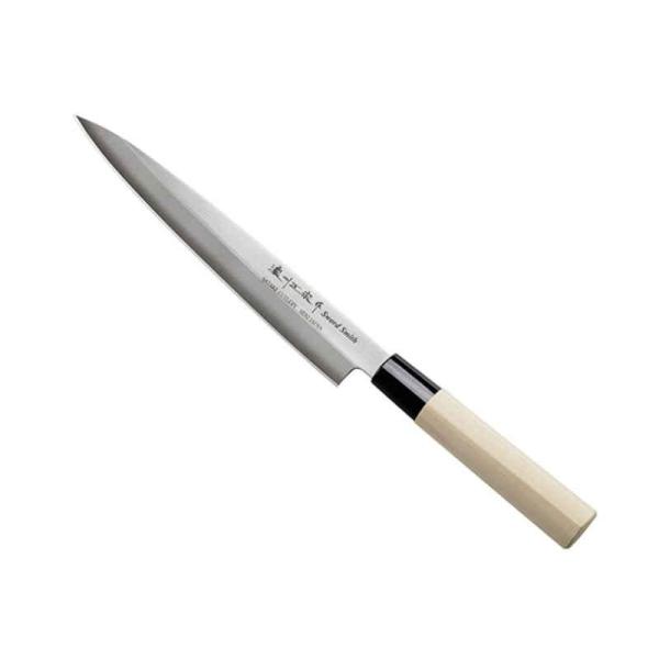 本格刺身包丁21cmです。左利きの方々にも配慮して設計された和包丁で、右利き用、左利き用がございます。繊維を傷付けない口当たりの良さは、刺身包丁でしか出すことができません。持った感触が柔らかく、使えば使うほど手に馴染んでくる本格仕上げの白木...