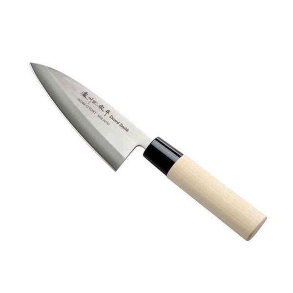 魚の三枚おろし、刺身の盛り合わせなど、主に魚料理に用いる本格出刃包丁13.5cmです。左利きの方々にも配慮して設計された和包丁で、右利き用、左利き用がございます。小回りが利くサイズで、アジ、タイ、イサキ、サバ、イカなど家庭で扱う魚介なら問題...