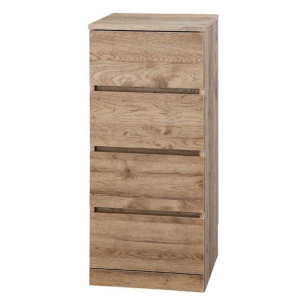 シンプルなデザインの木製チェストです。引き出しは4段ですの置く場所を選ばない幅約39cmのスリムタイプです。引き出しには開閉がスムーズな金属レールを使用しています。引き出しの裏面には底抜け防止の補強板を付けることで、しっかり支えることができ...