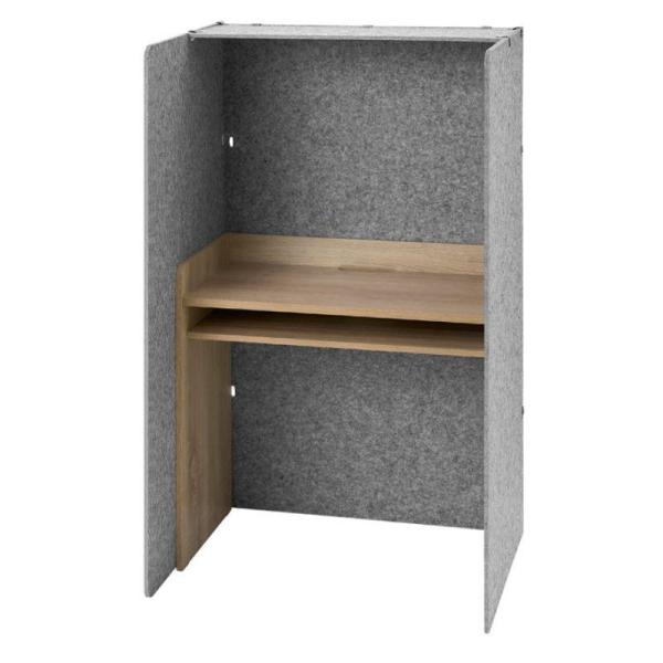 PET素材のフェルトパネルは気になる騒音を吸収します。（※完全に音を吸収するものではありません）パーティションの高さは約140cmです。天面も囲われていてより集中できるワークスペースができます。デスク天板は熱、水、傷に強いメラミン樹脂を使用...