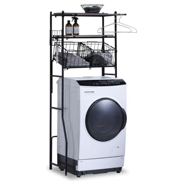 設置場所に合わせてサイズ調節ができる幅伸縮タイプです。インテリアに馴染む木目調の棚板は、ランドリー周りをおしゃれに収納できます。約8cm間隔で6段階、収納物に合わせて高さ調整が可能です。バスケットは洗濯物の仕分けやタオルの収納などに便利です...